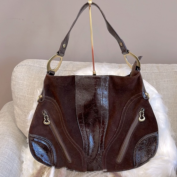 Via Spiga | Bags | Euc Via Spiga Brown Suede Patent Leather Shoulder ...
